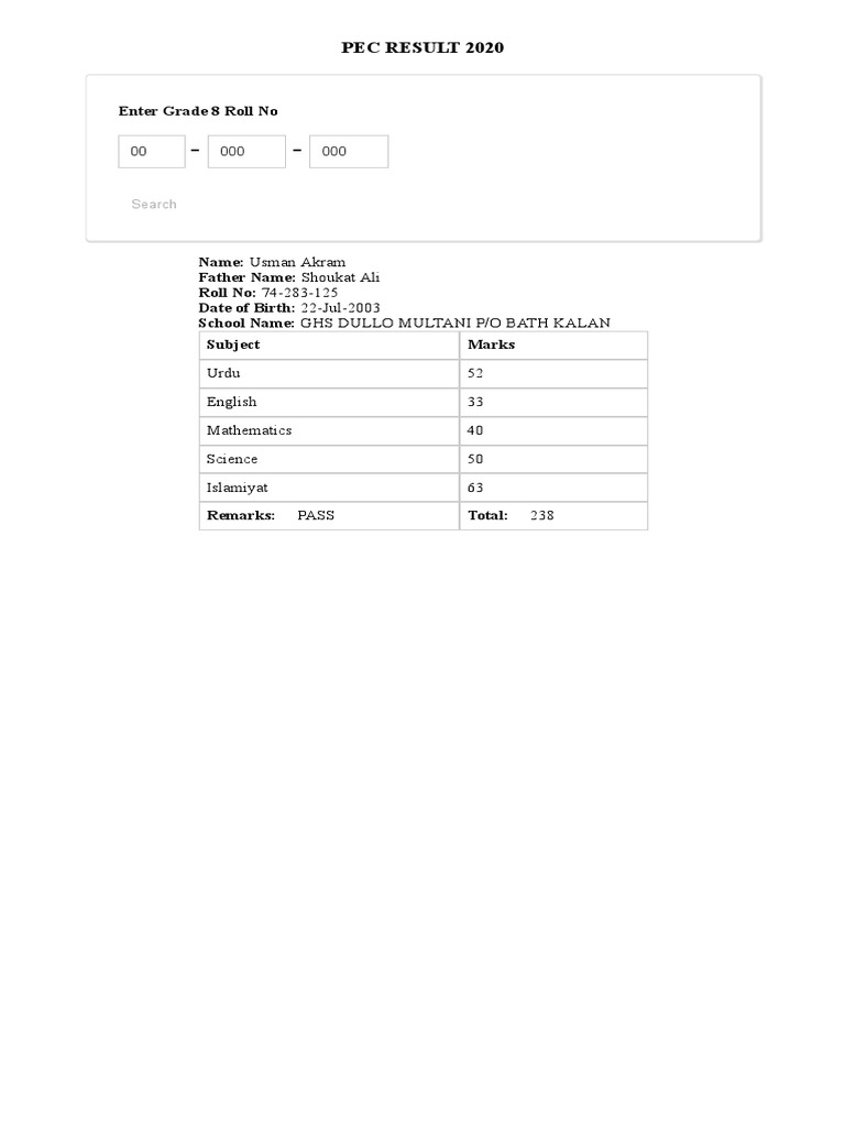Pec Result 2020: Enter Grade 8 Roll No | PDF