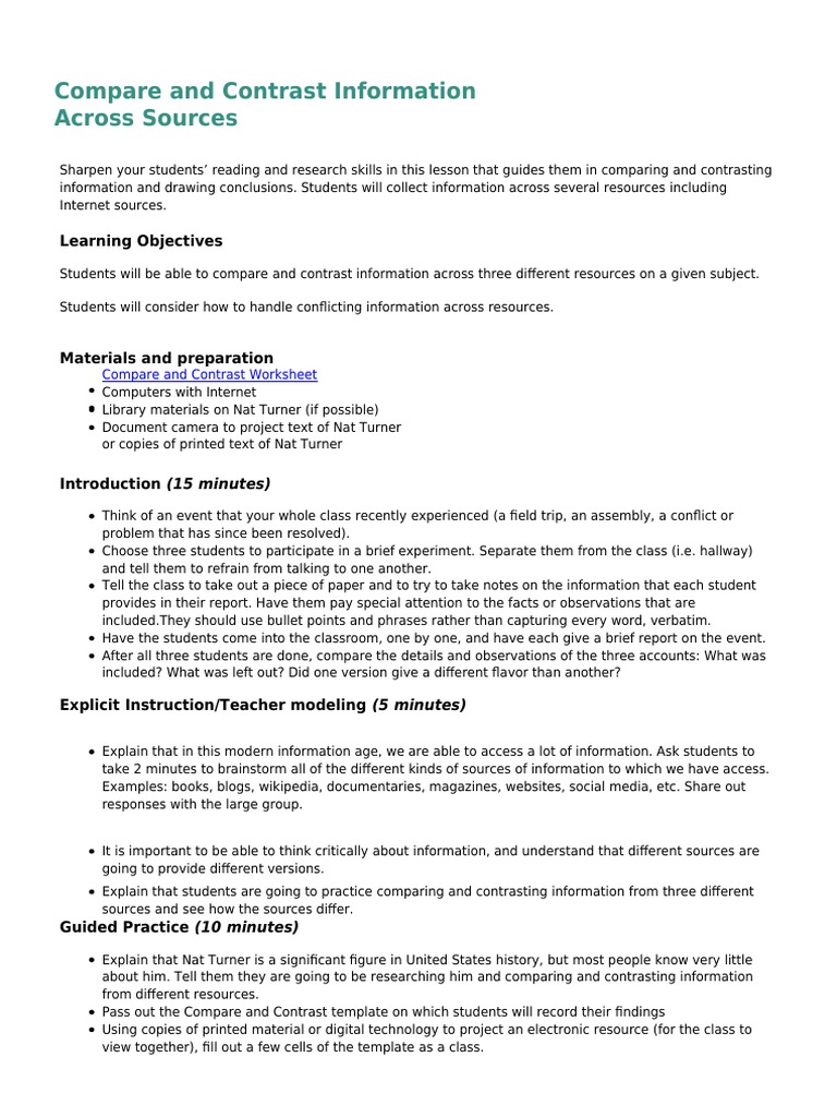 Compare and Contrast Information Across Sources: Learning Objectives ...