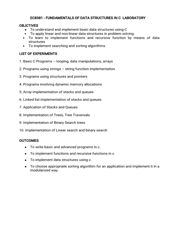 Ec8381 FDS Lab Manual | PDF | Computer Programming | Computer Libraries