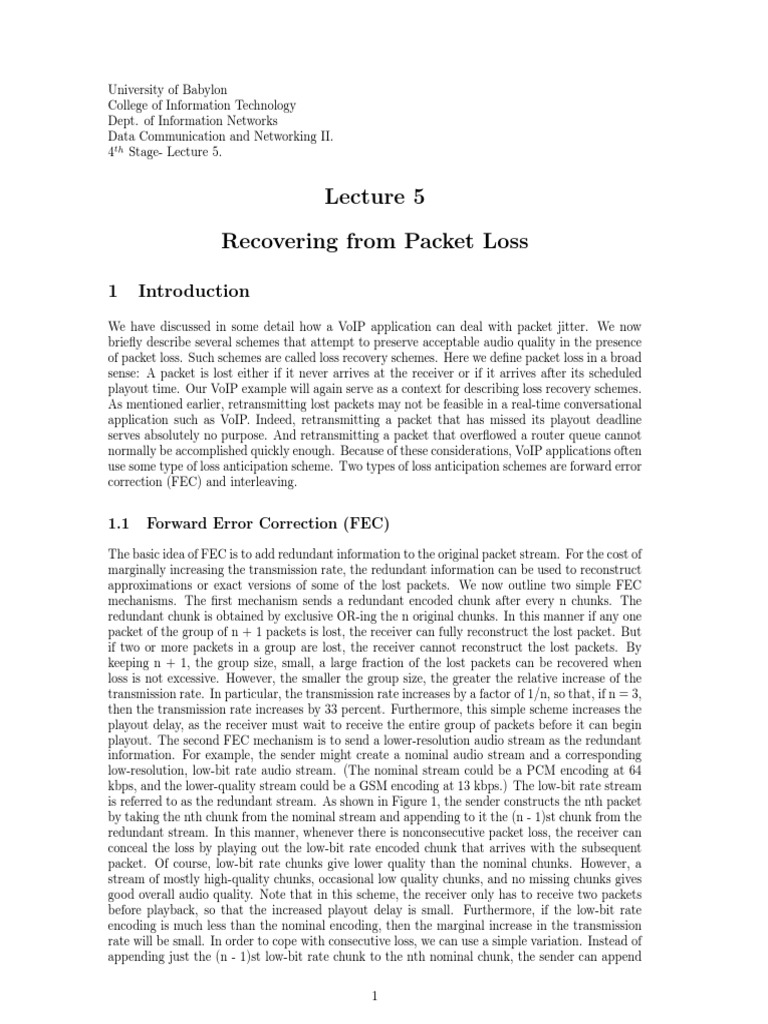 Recovering From Packet Loss: 1.1 Forward Error Correction (FEC) | PDF | Voice Over Ip | Forward ...