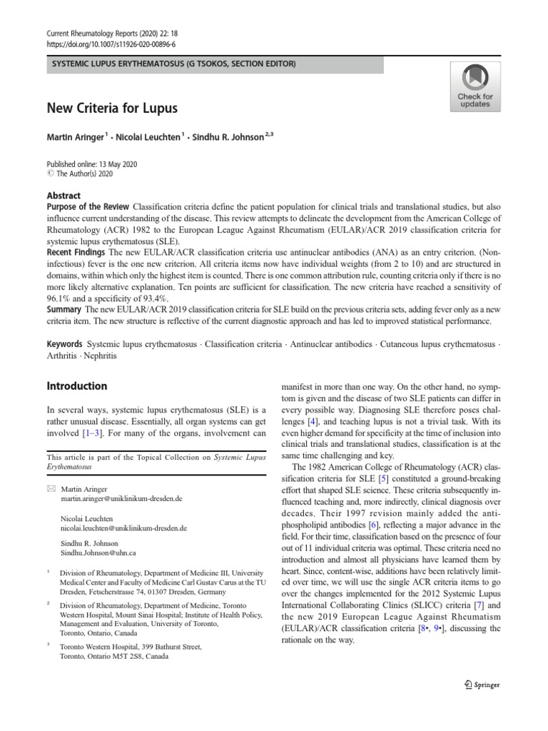 New Criteria For Lupus: The Author(s) 2020 | PDF | Systemic Lupus ...
