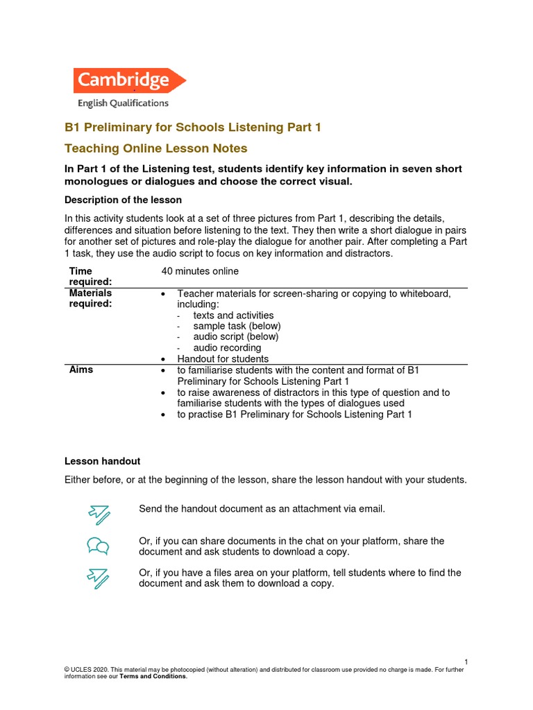 B1 Preliminary For Schools Listening Part 1 Teaching Online Lesson ...