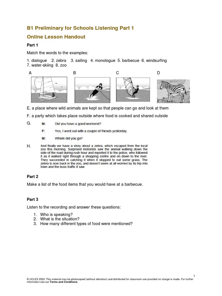 B1 Preliminary For Schools Listening Part 1 Online Lesson Handout Pdf