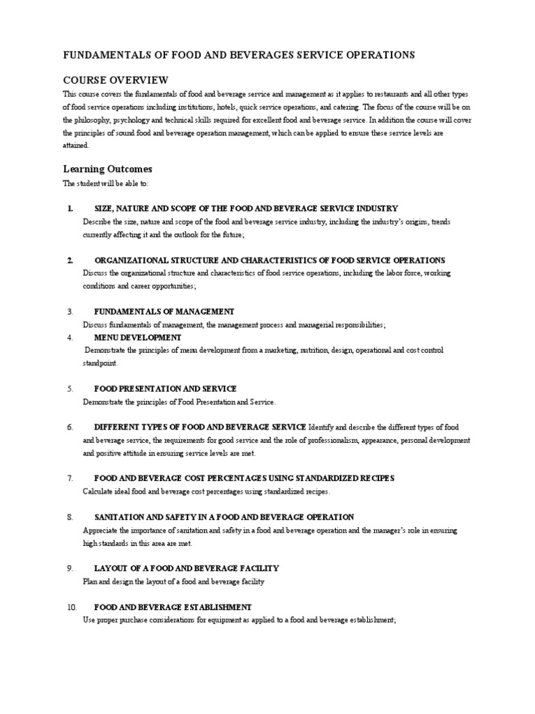 Fundamentals of Food and Beverages Service Operations Course Overview ...