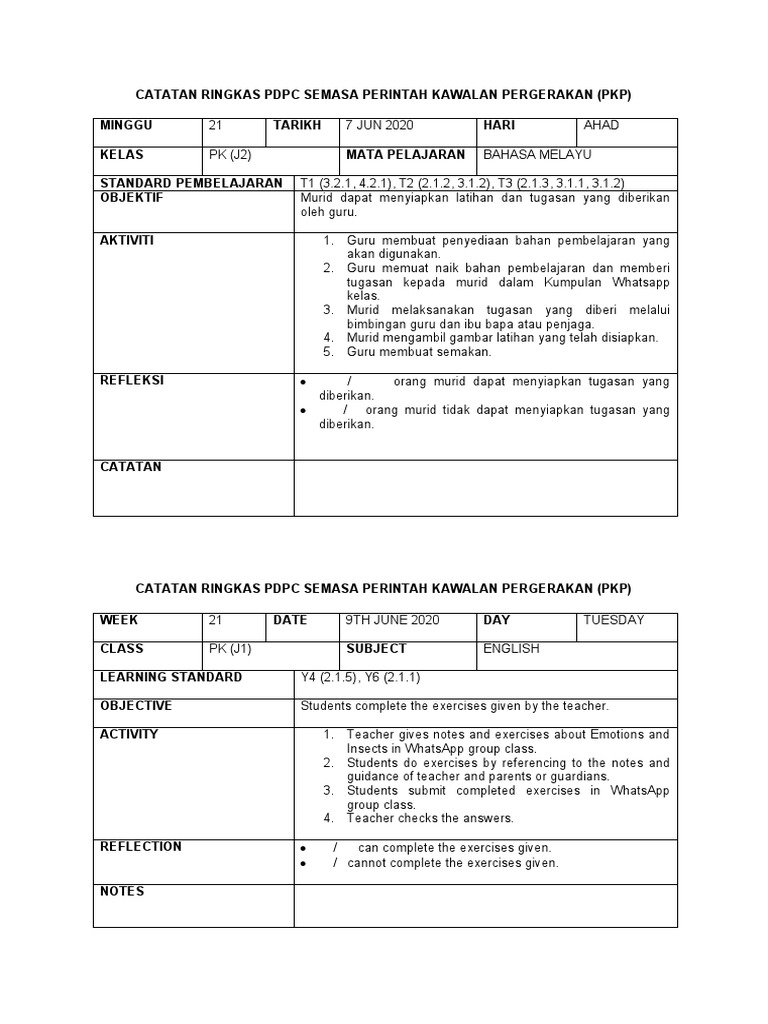 Catatan Ringkas PDPC Semasa Perintah Kawalan Pergerakan | PDF