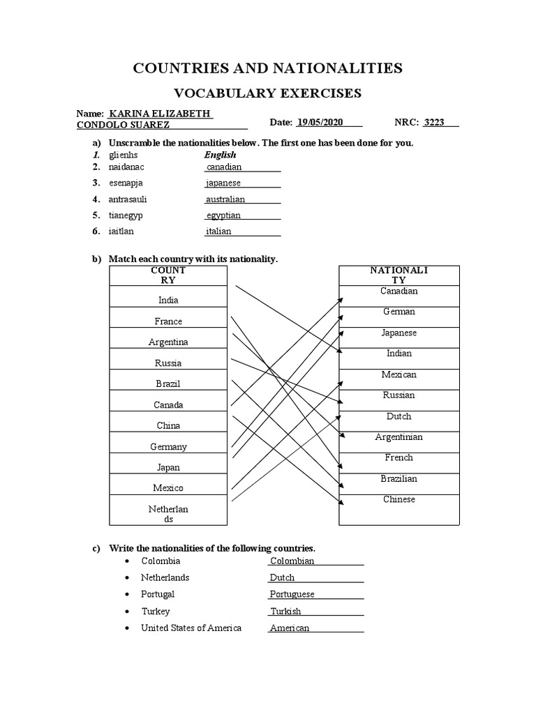 COUNTRIES AND NATIONALITIES Vocabulary 1 | PDF