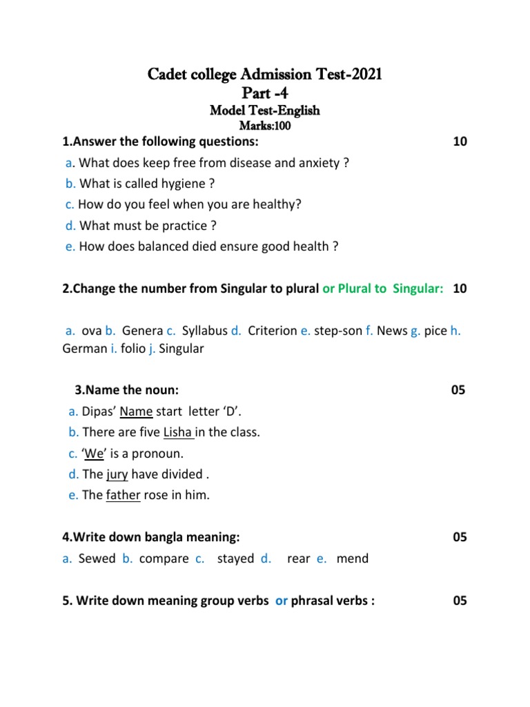Cadet Admission Question Part 4 | PDF | Grammatical Number | Verb