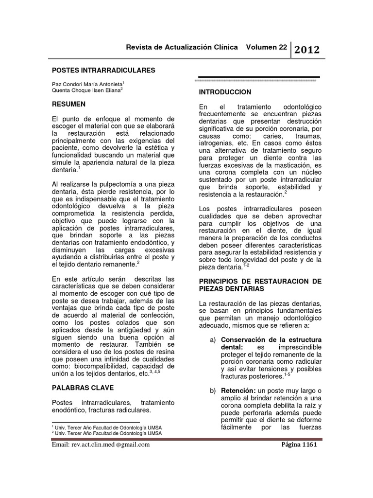 Postes Intraradiculares en Odontología | PDF | Odontología | Diente