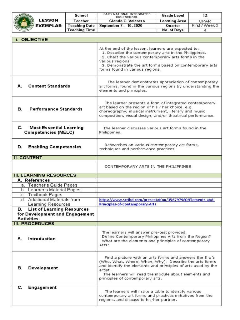Performance Standards: Cpar First / Week 2 4 Lesson Exemplar | PDF ...