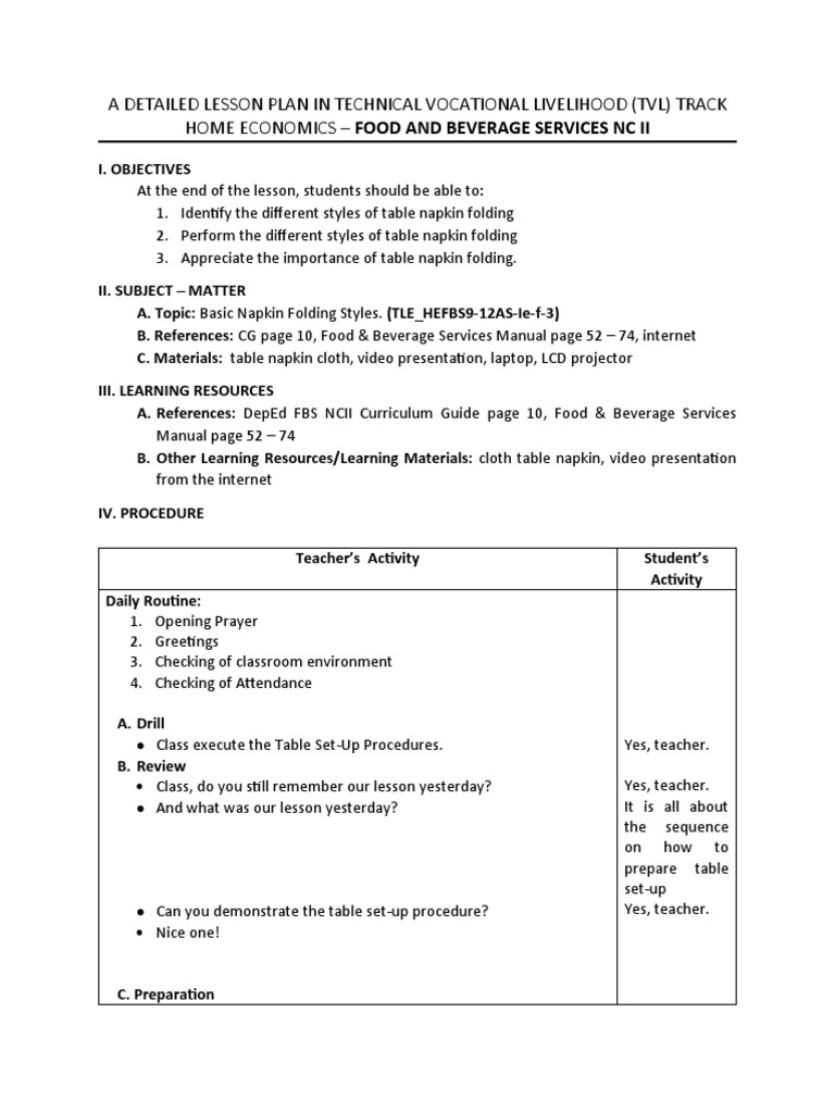 A Detailed Lesson Plan in Technical Vocational Livelihood (TVL) Track ...