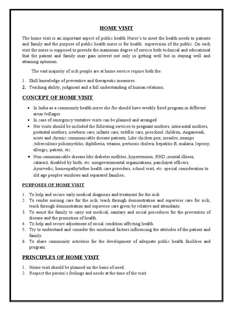 Purposes of Home Visit | PDF | Nursing | Public Health