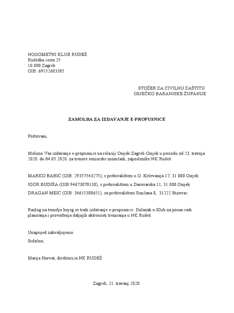 Molba Za Izdavanje E-Propusnice | PDF