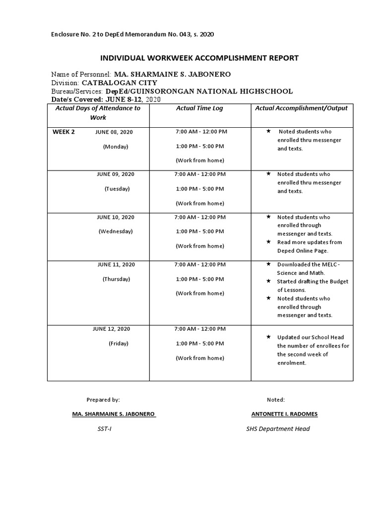 Individual Workweek Accomplishment Report | Download Free PDF | Business
