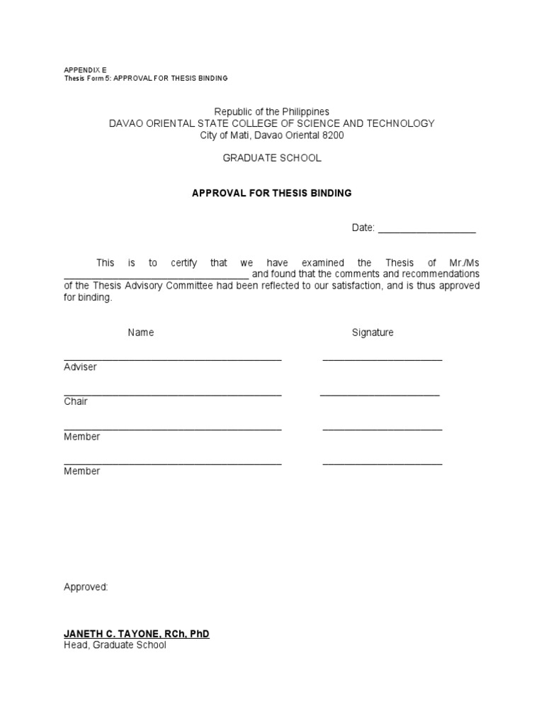 Appendix E Thesis Form 5: Approval For Thesis Binding | PDF