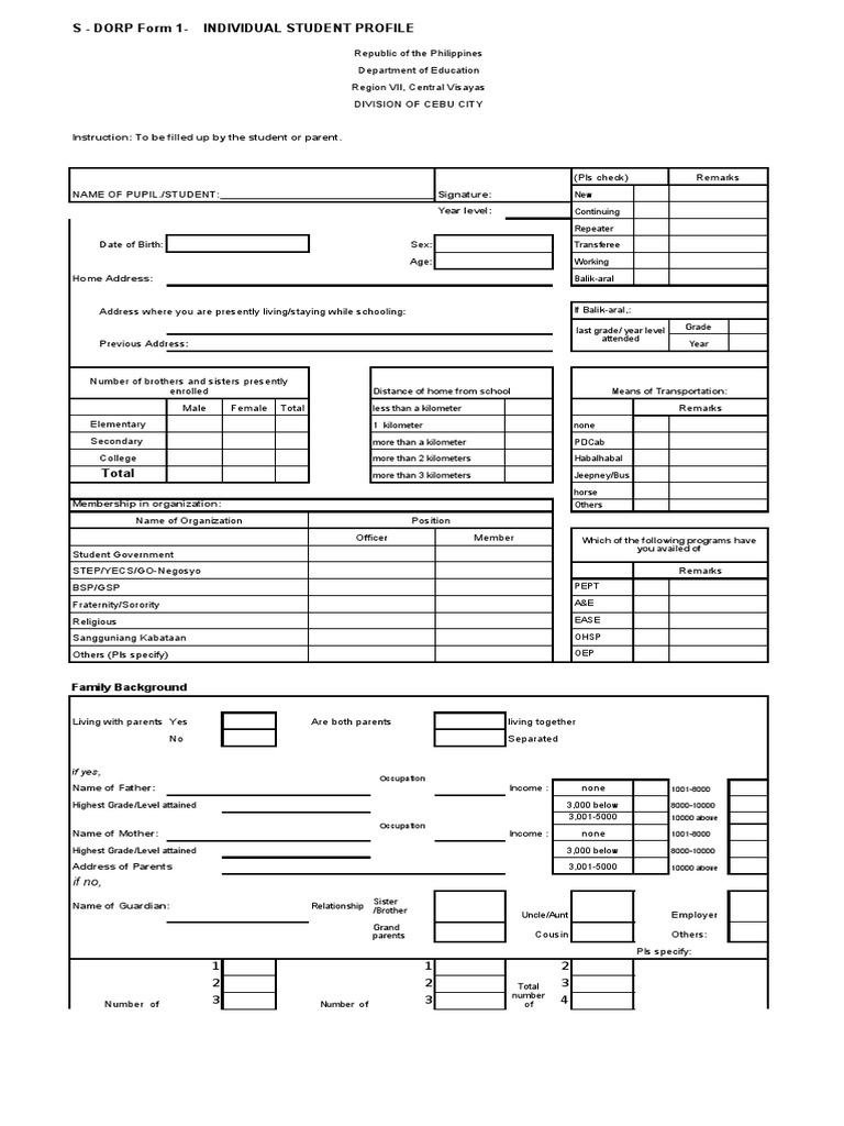 S - Dorp Form 1-Individual Student Profile: If No | PDF | Learning ...