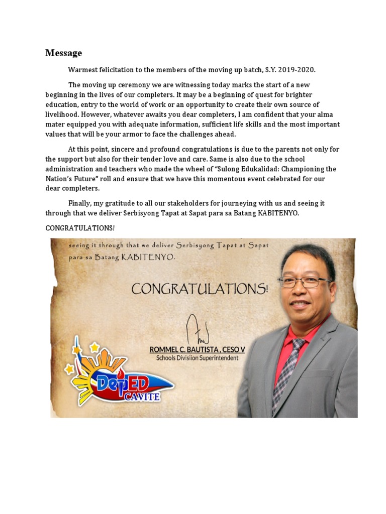 Message Of Schools Division Superintendent Rommel C Bautista Pdf