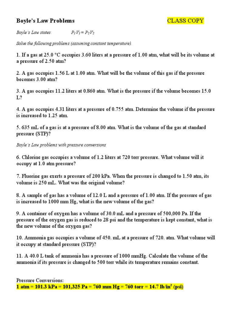 Boyle's Law Worksheet With Answer | PDF | Gases | Pressure