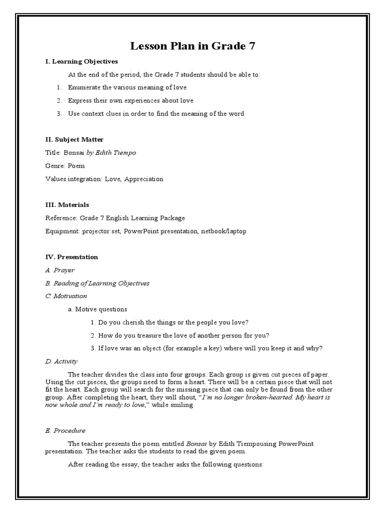 Lesson Plan in Grade 7 Poem | PDF | Lesson Plan | Poetry