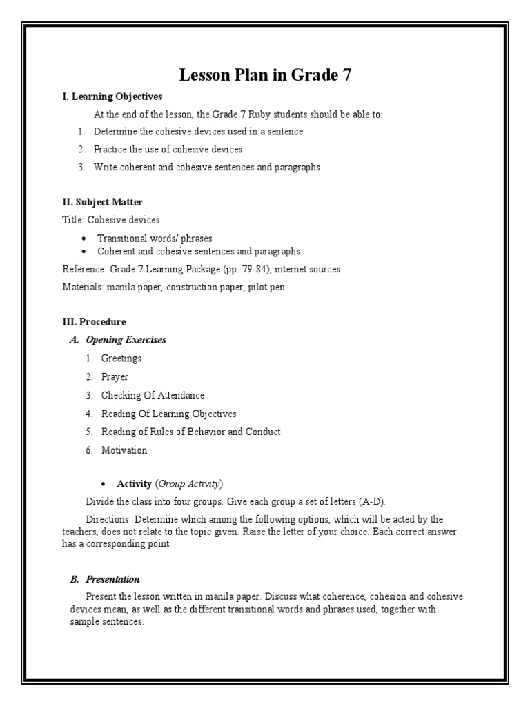 Grade 7 Lesson Plan on Cohesion | PDF | Lesson Plan | Sentence ...