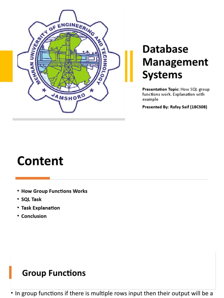 Database Management Systems: Presentation Topic: How SQL Group | PDF