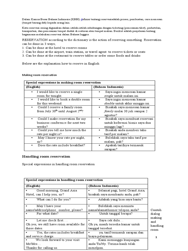 Materi RESERVATION KLS XI SEM 2 | PDF