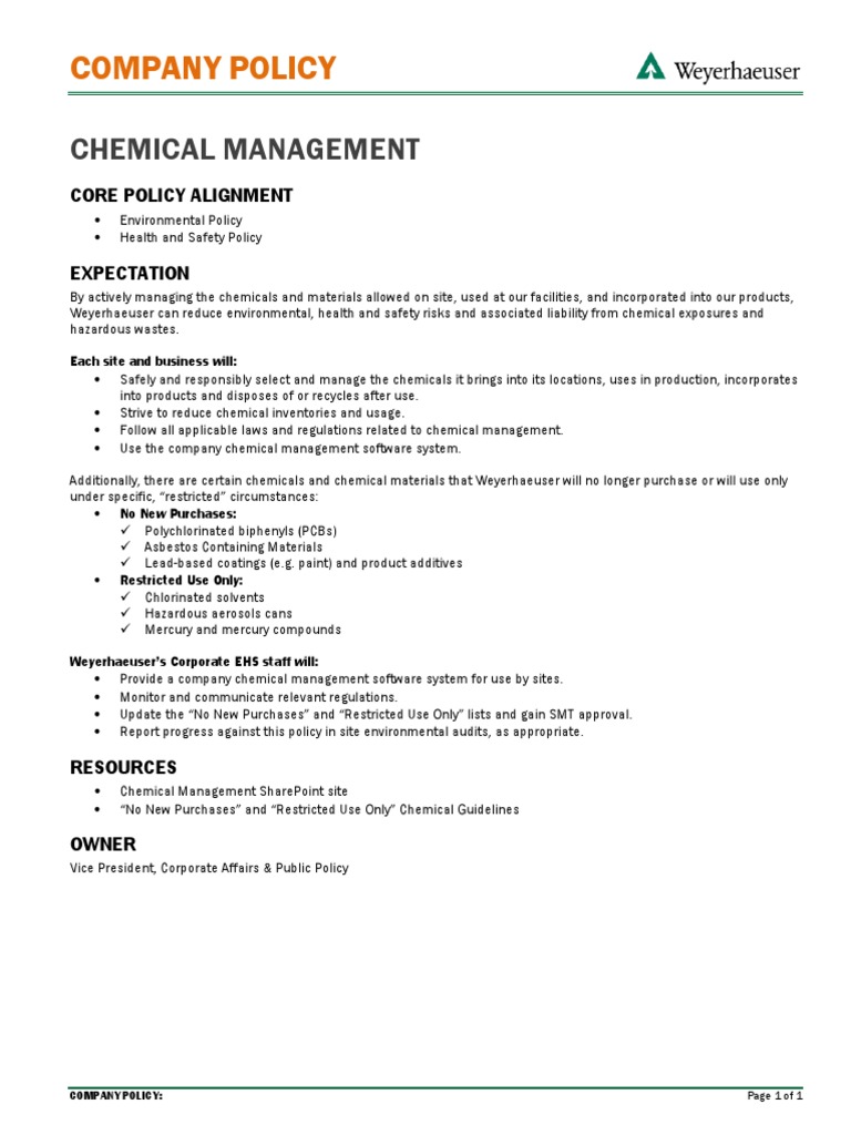 Chemical Management Policy | PDF