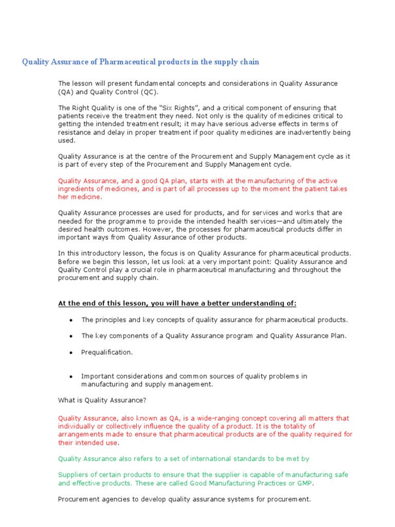 Class Notes 6 Quality Assurance in The Pharmaceutical Supply Chain ...