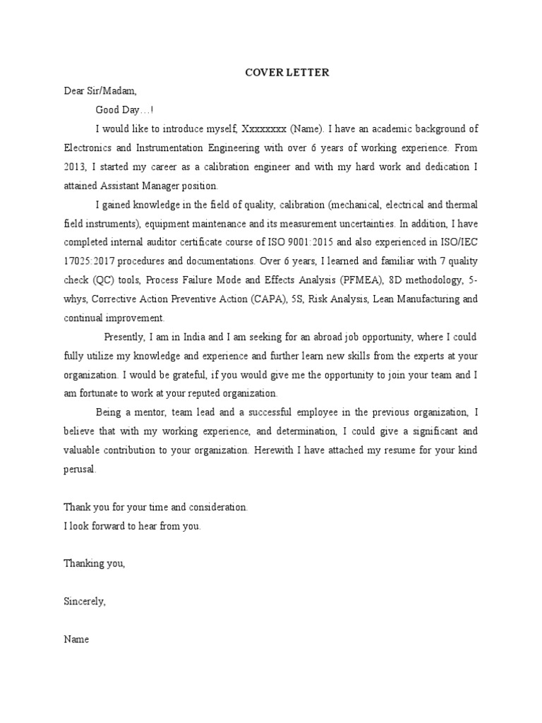 COVER LETTER For INTERVIEW | PDF | Calibration | Iso 9000