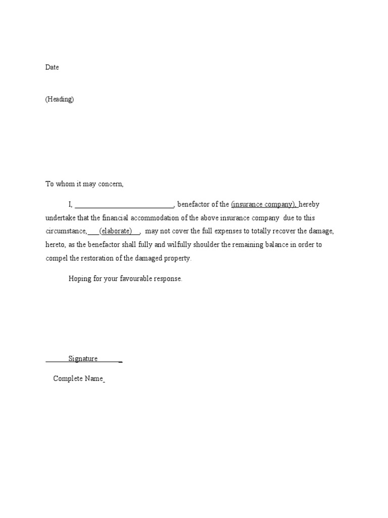 Insurance Undertaking Letter Sample | PDF