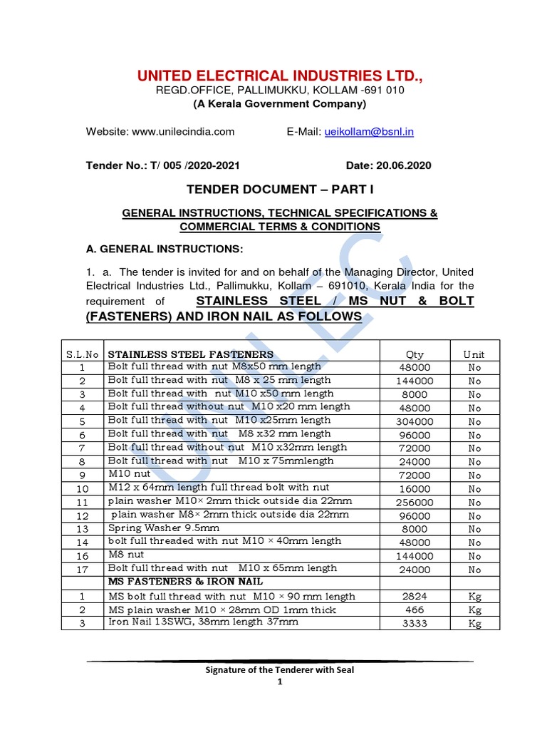United Electrical Industries LTD.,: Tender Document - Part I | PDF ...