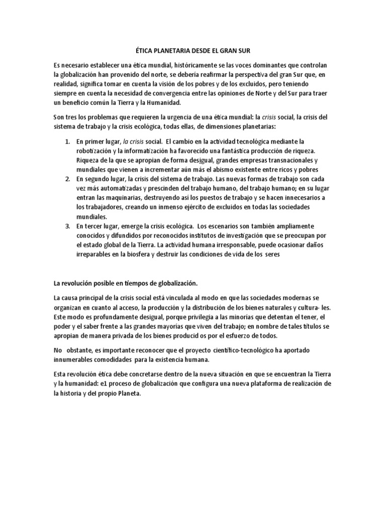 Ética planetaria: visión del Gran Sur | PDF | Globalización | Homo Sapiens