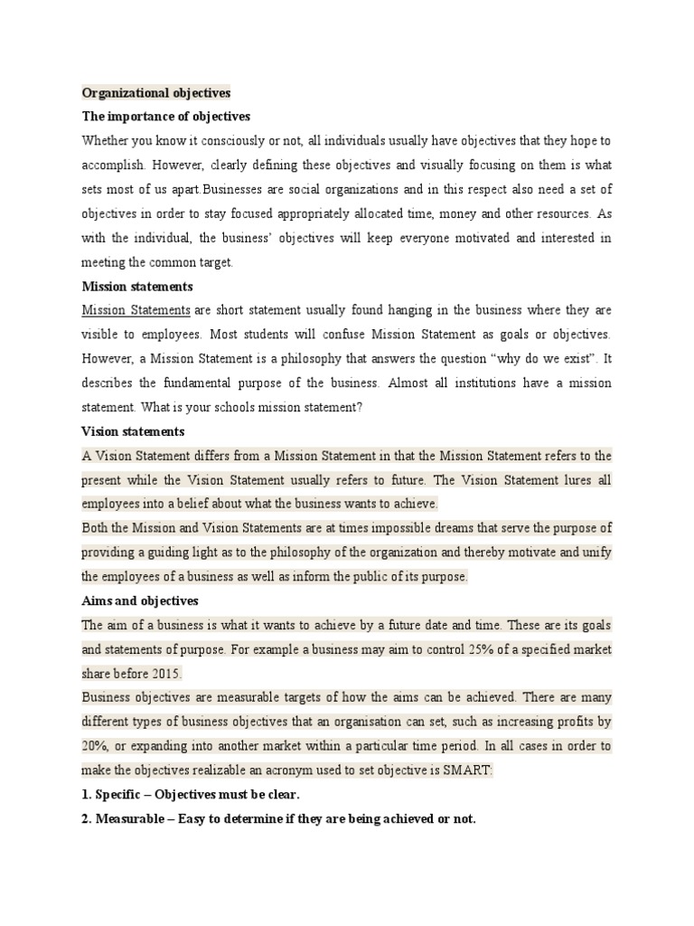 Organizational Objectives The Importance of Objectives | PDF ...