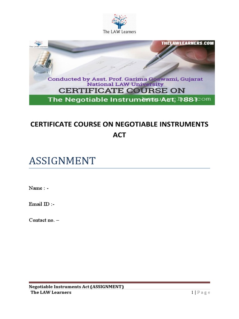 Assignment ON NEGOTIABLE INSTRUMENTS ACT | PDF