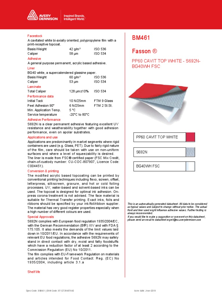 PP White AVERY BM461 PP60CAVIT. TOP WHITE S692N-BG40WH | PDF | Adhesive ...
