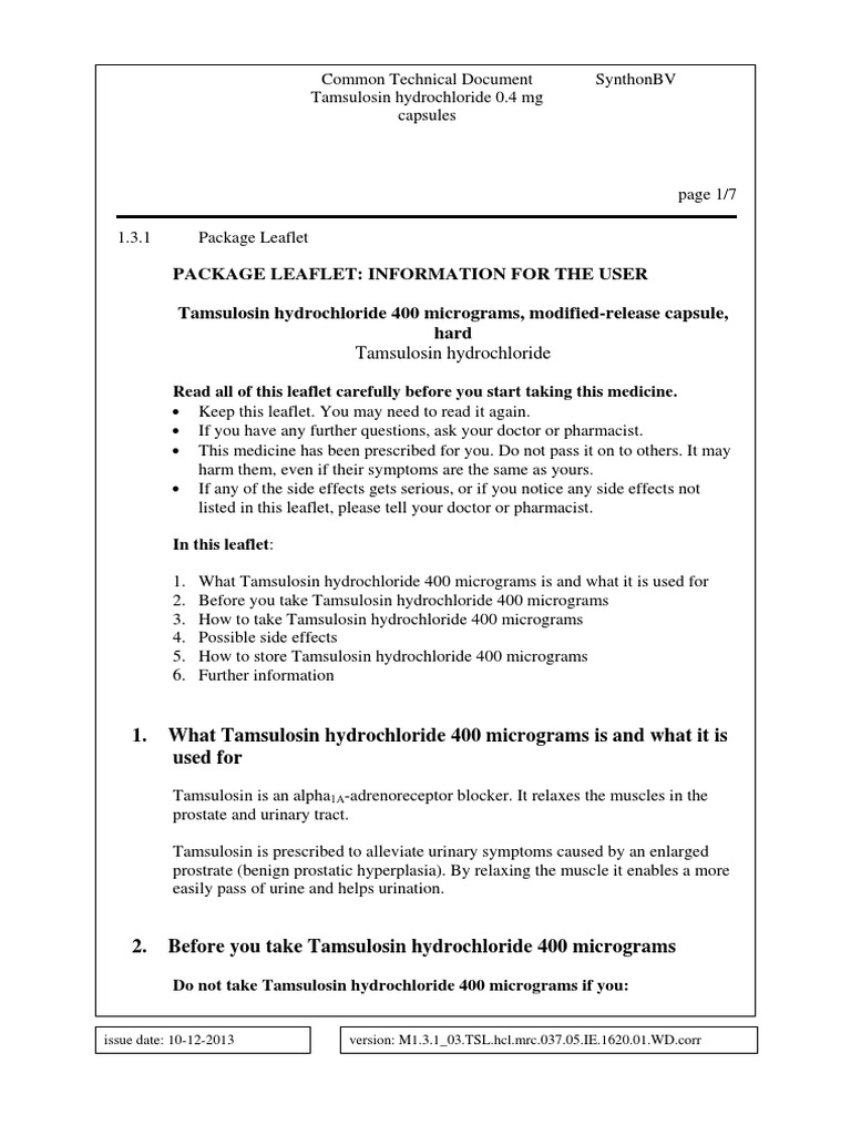 Package Leaflet: Information For The User Tamsulosin Hydrochloride 400 ...