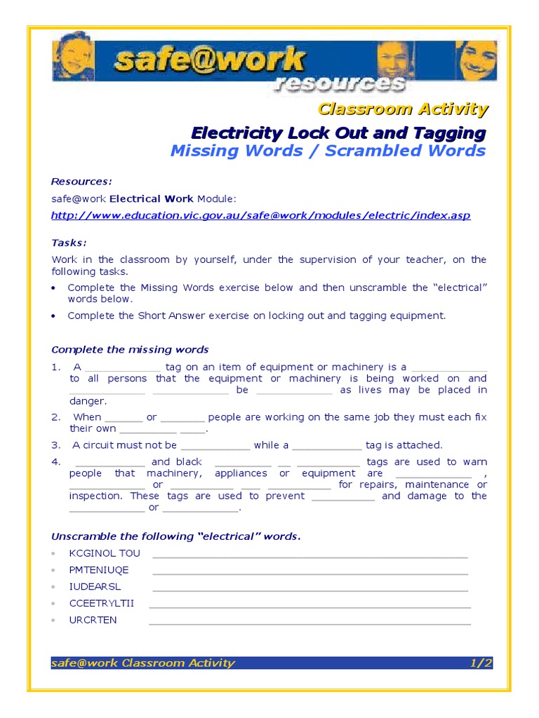 Missing Words / Scrambled Words: Classroom Activity Electricity Lock ...
