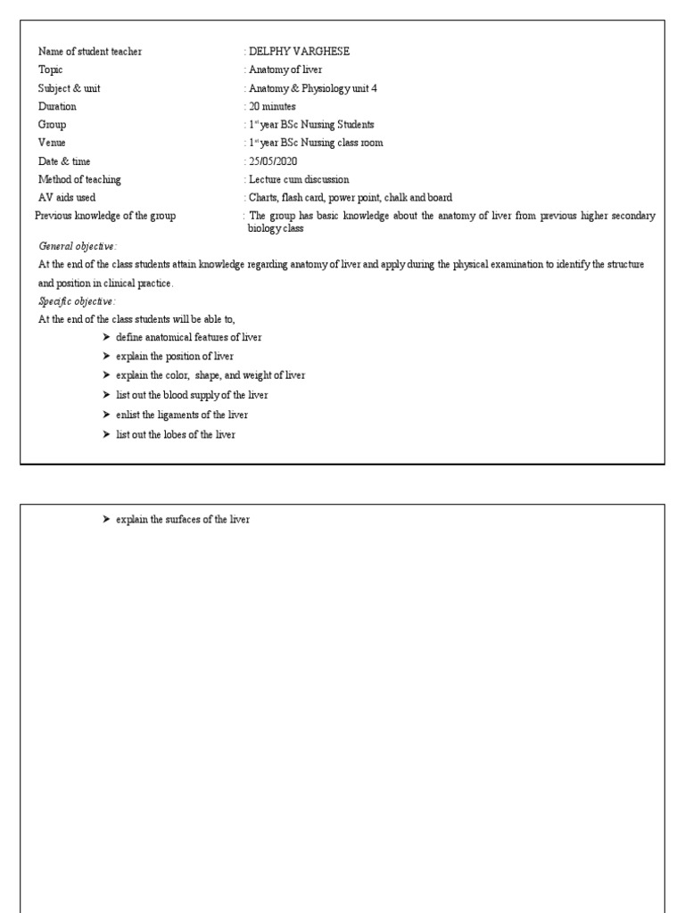 Lesson Plan - Anatomy of Liver | PDF | Liver | Vein
