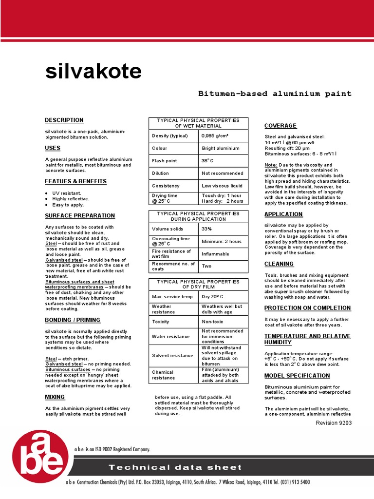 Silvakote: Bitumen-Based Aluminium Paint | PDF | Paint | Asphalt