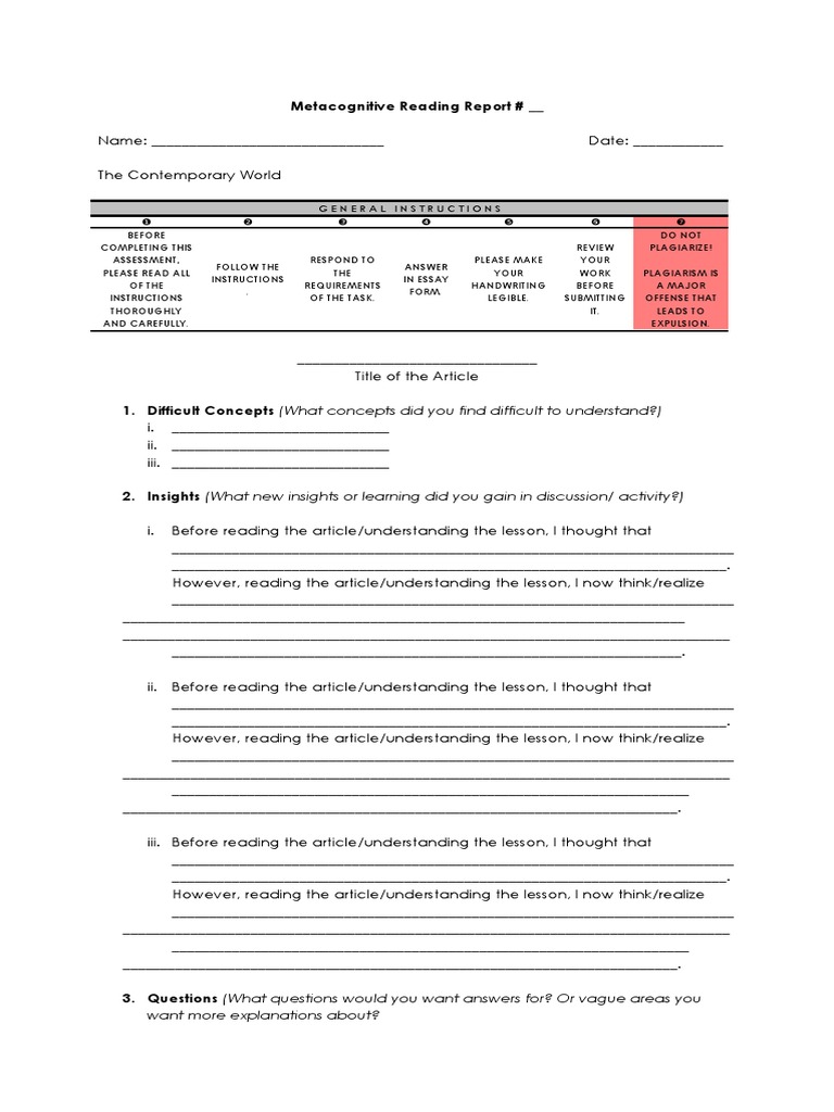 Metacognitive Reading Report Template | PDF | Pedagogy ...