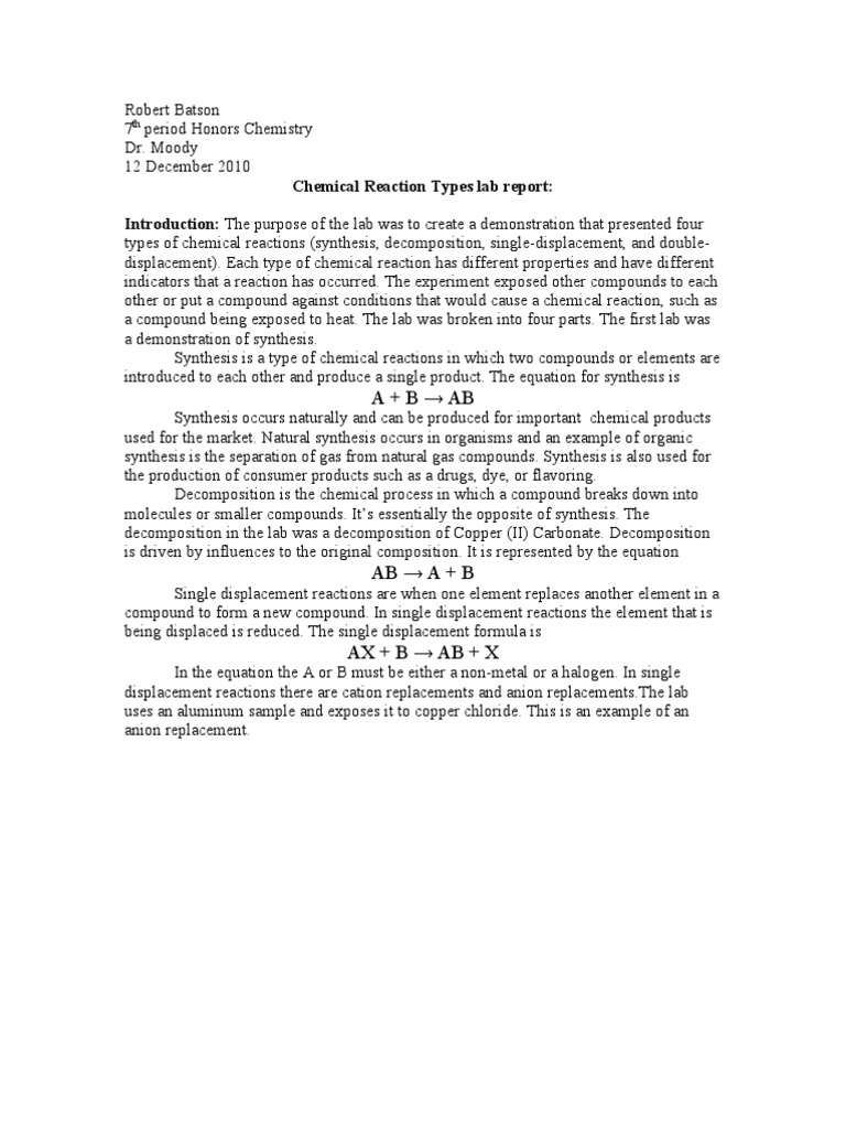 Types of Reactions Lab Report | PDF | Chemical Reactions | Chemical ...