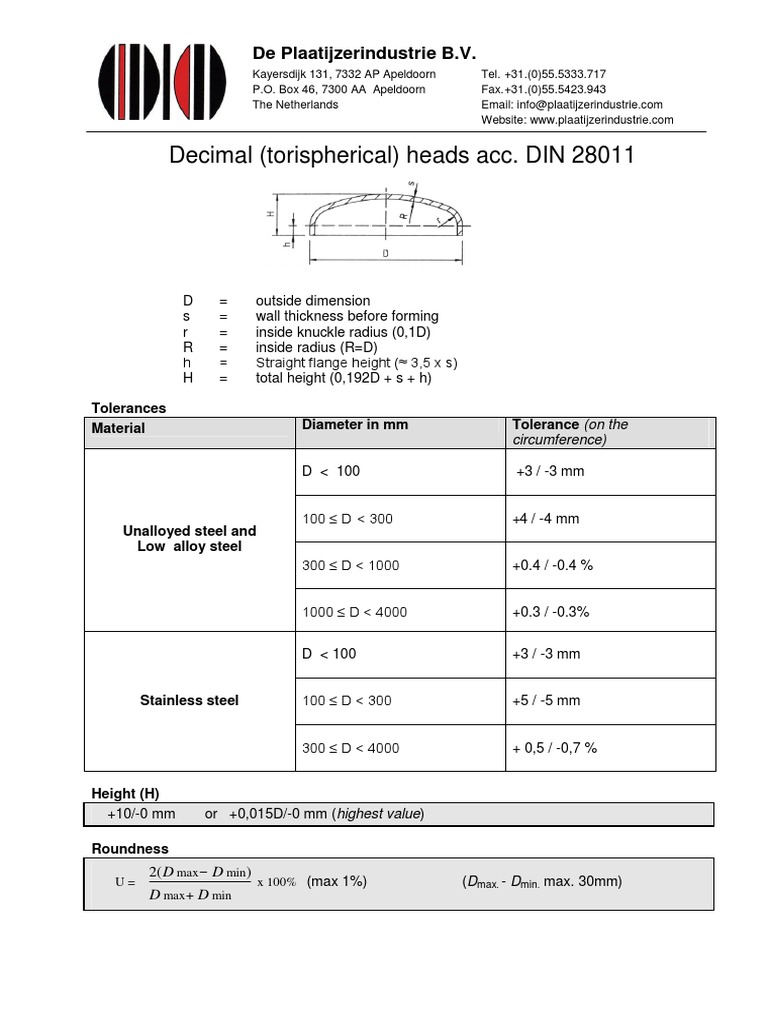 Decimal (Torispherical) Heads Acc. DIN 28011: de Plaatijzerindustrie B.V | PDF