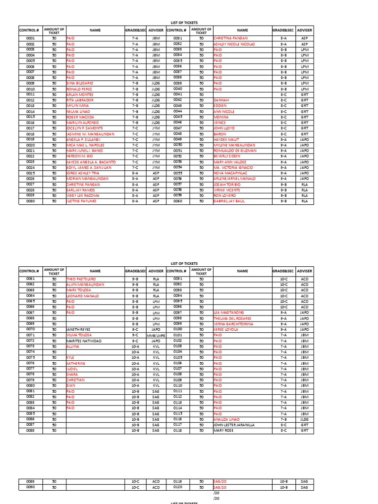 Amount of Ticket Amount of Ticket: List of Tickets Control # Name Grade ...