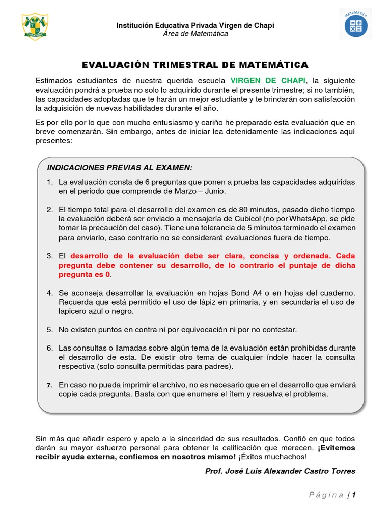 EVALUACIÓN TRIMESTRAL DE MATEMÁTICA 1ro | PDF | Prueba (evaluación) | Enseñanza de matemática
