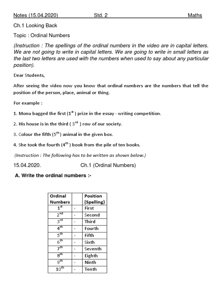 A. Write The Ordinal Numbers | PDF
