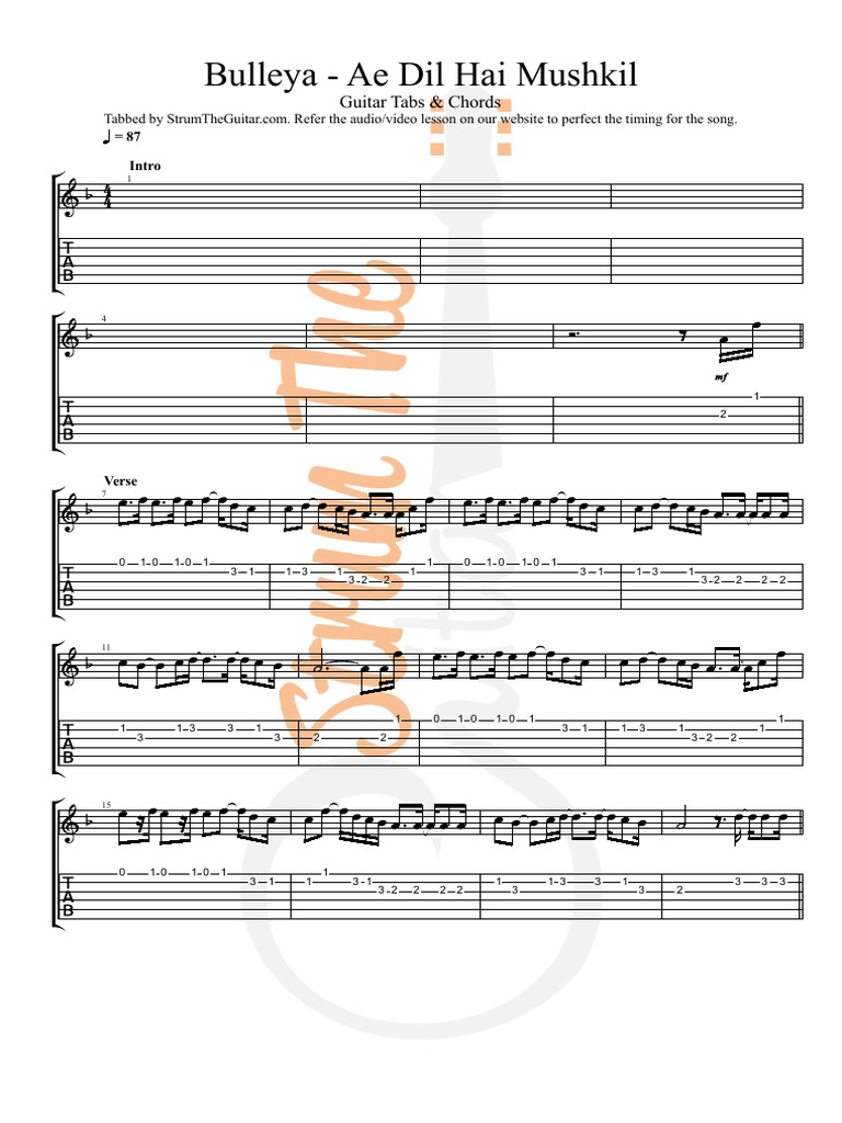 Bulleya - Ae Dil Hai Mushkil: Guitar Tabs & Chords | PDF | Song ...