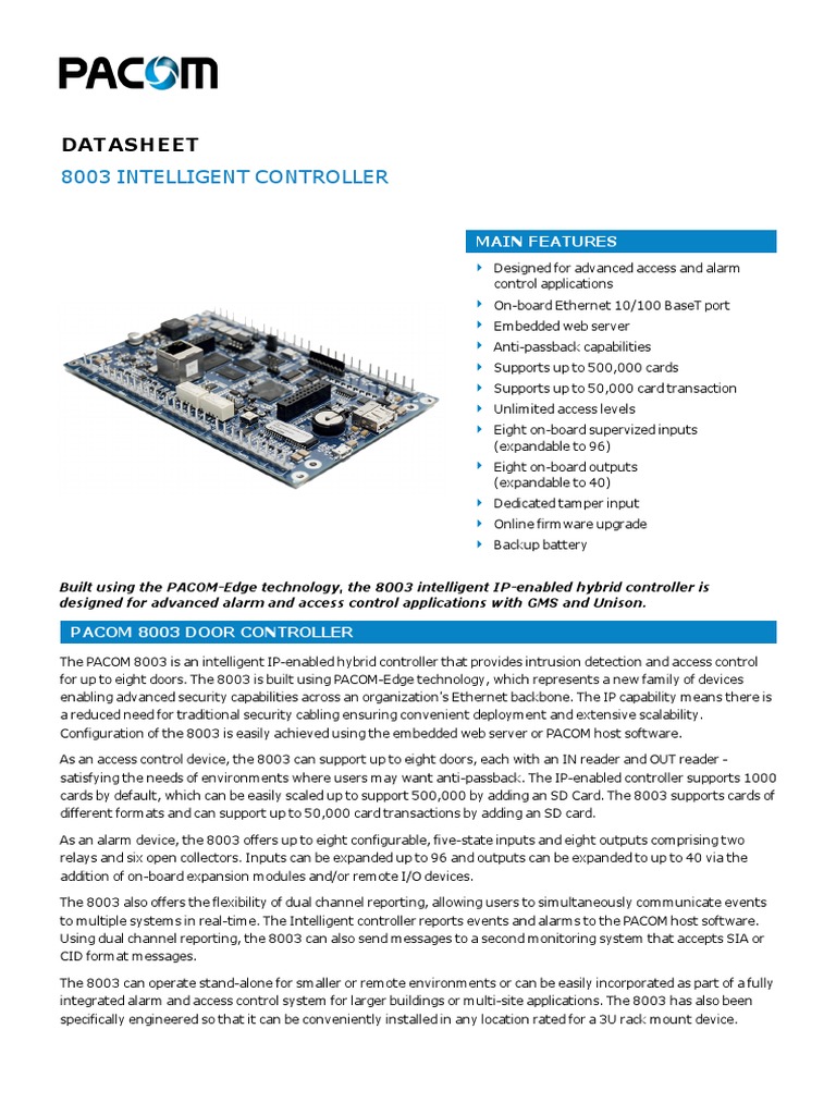 PACOM 8003 Intelligent Controller Datasheet | PDF | Access Control | Computer Data Storage