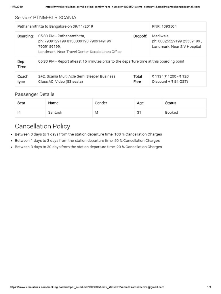 Cancellation Policy: Service: PTNM-BLR SCANIA | PDF