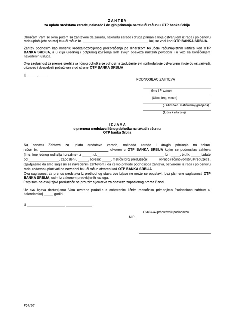 Izjava o Prenosu Plate PDF | PDF