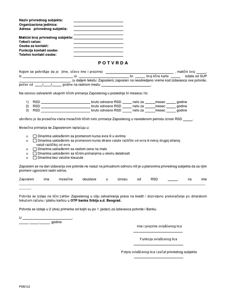 Potvrda o Visini Primanja | PDF