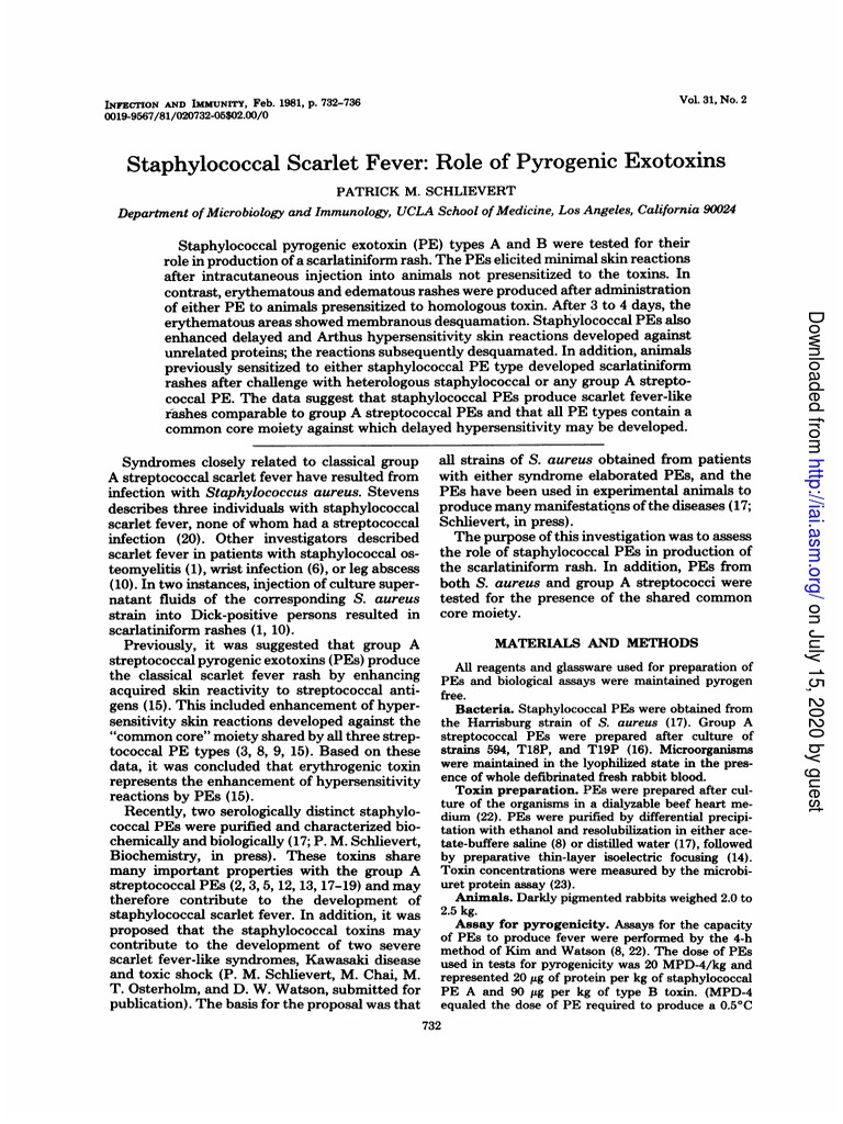 Staphylococcal Scarlet Fever: Role of Pyrogenic Exotoxins | PDF | Staphylococcus Aureus ...